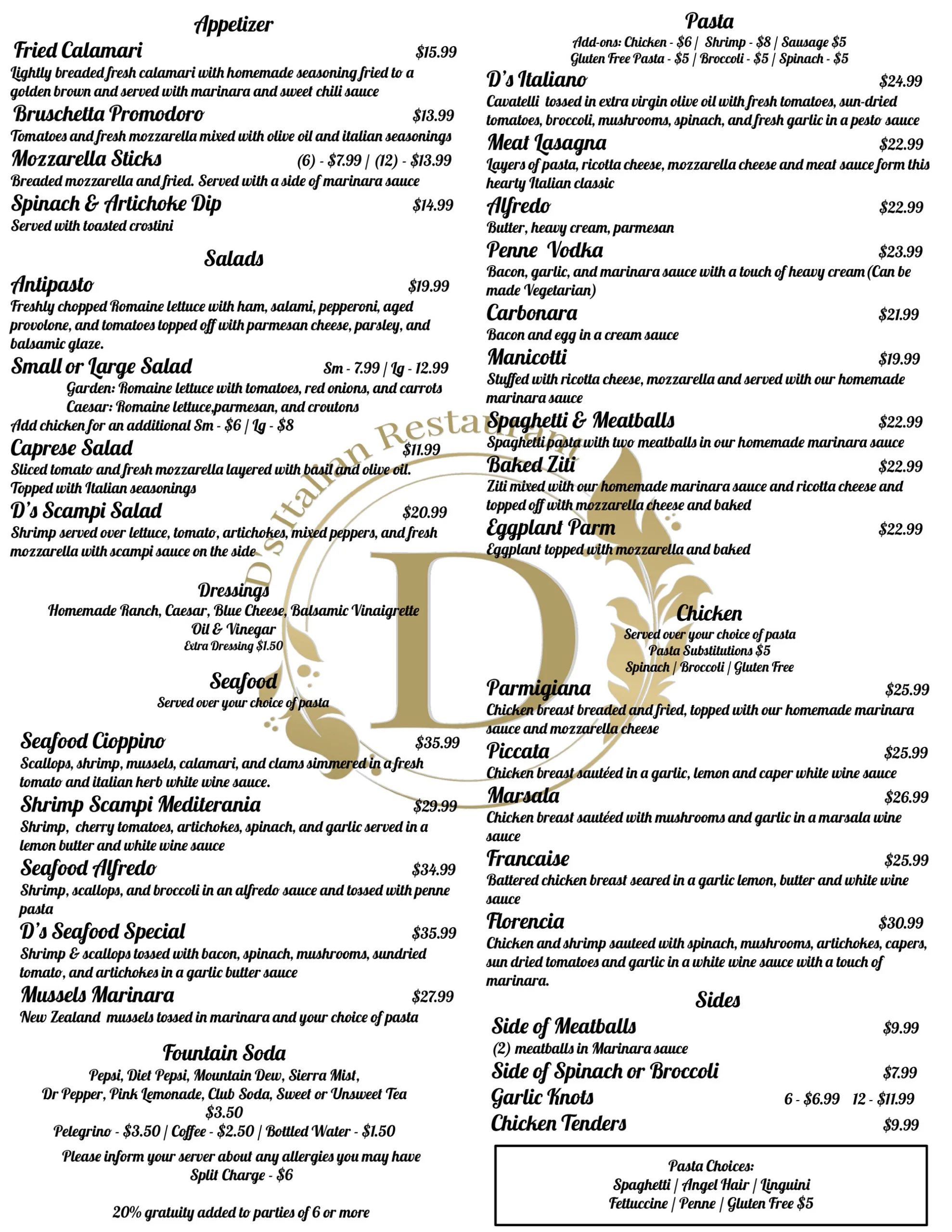 Menu - D's ITALIAN RESTAURANT